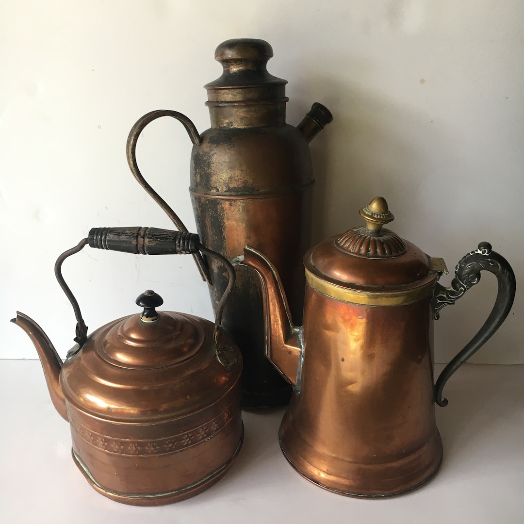 3 RUSTIC Copper Tea Pot Kettle Pitcher Lot of 3 Instant Collection ...
