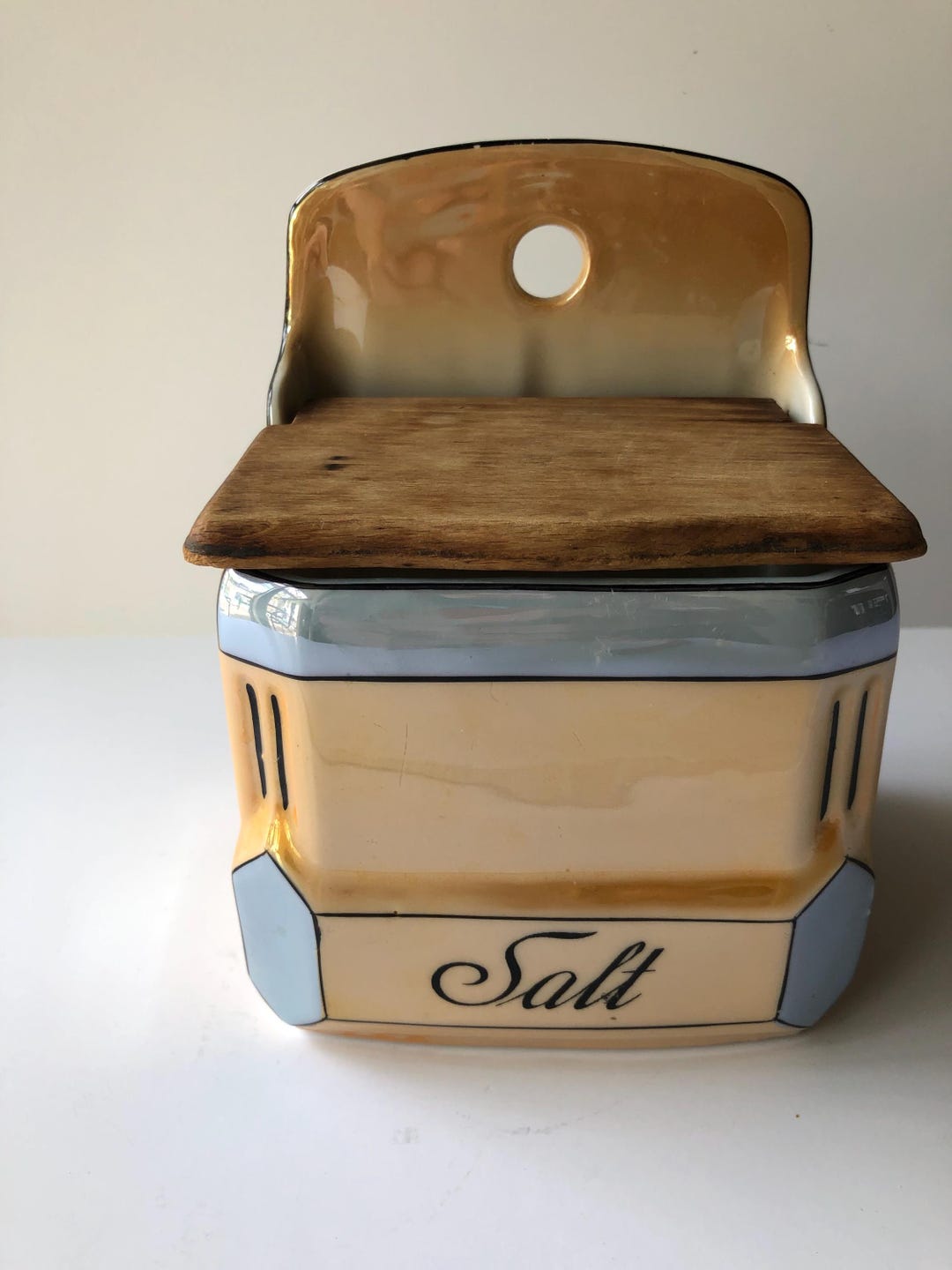 Antique Porcelain Salt Box Wooden Lid Iridescent Lusterware Victoria ...