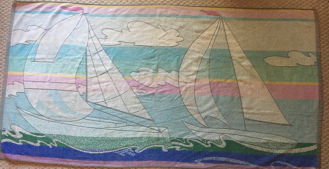 SAILBOATS Rare Vintage Large MOD Pastel Beach Towel Made in Portugal ...