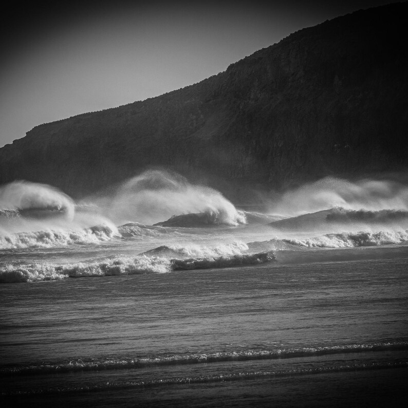 Black and White Wind-whipped Waves - Sandfly Beach, New Zealand Photo ...
