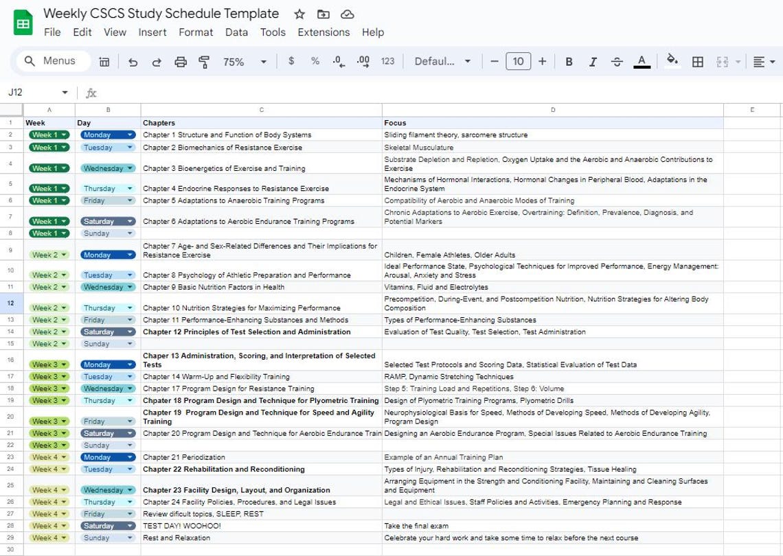 Weekly CSCS Study Schedule Template - Etsy