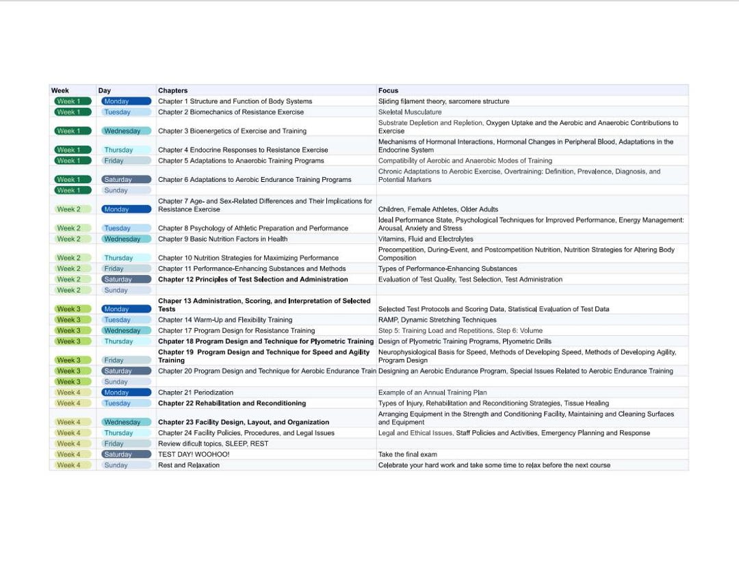 Weekly CSCS Study Schedule Template - Etsy