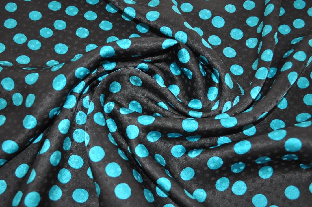 Silk Turquoise Dots on Black Background Fabric by the Meter for Sewing ...