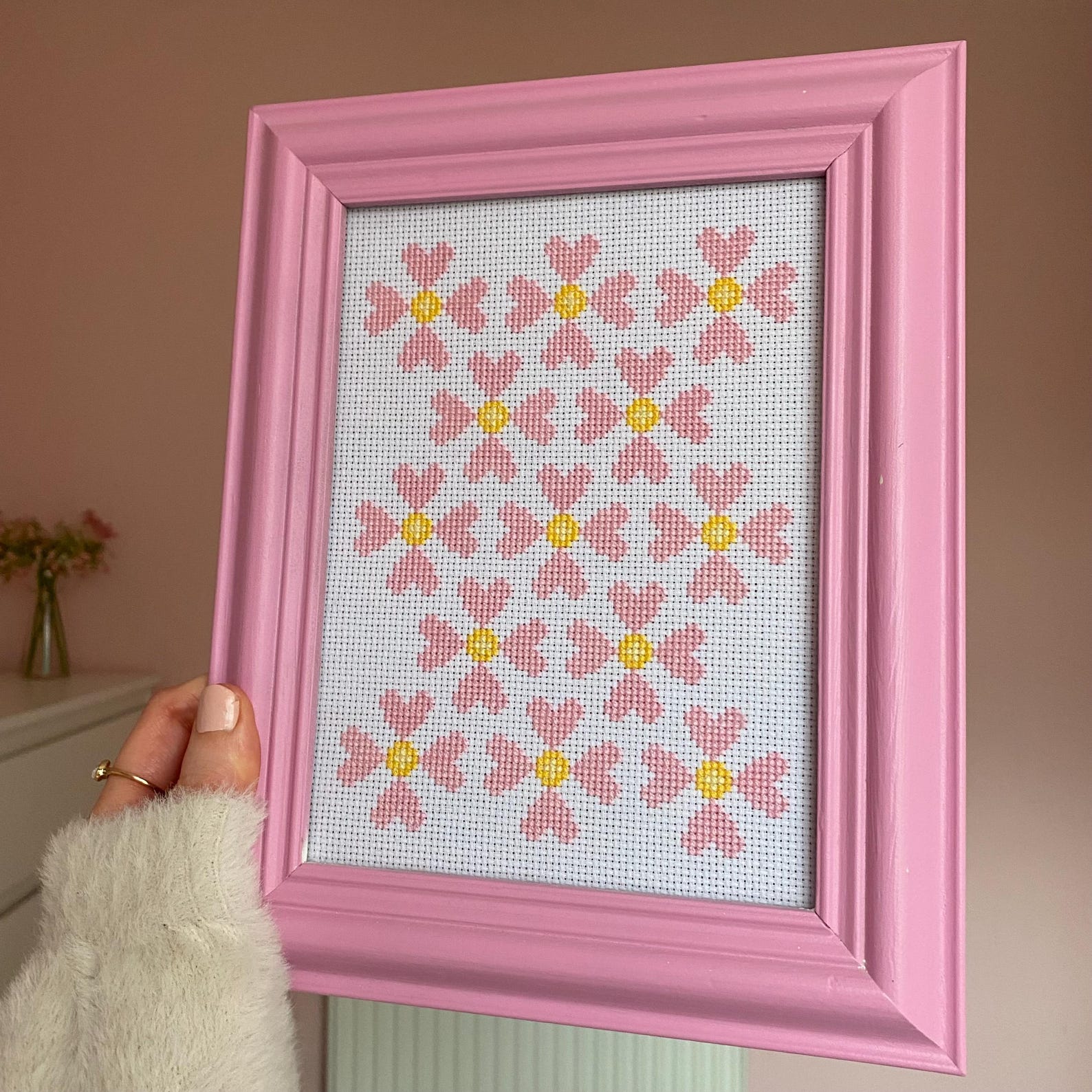Pretty Pink Flower Hearts Cross Stitch Pattern - Girly Cross Stitch ...