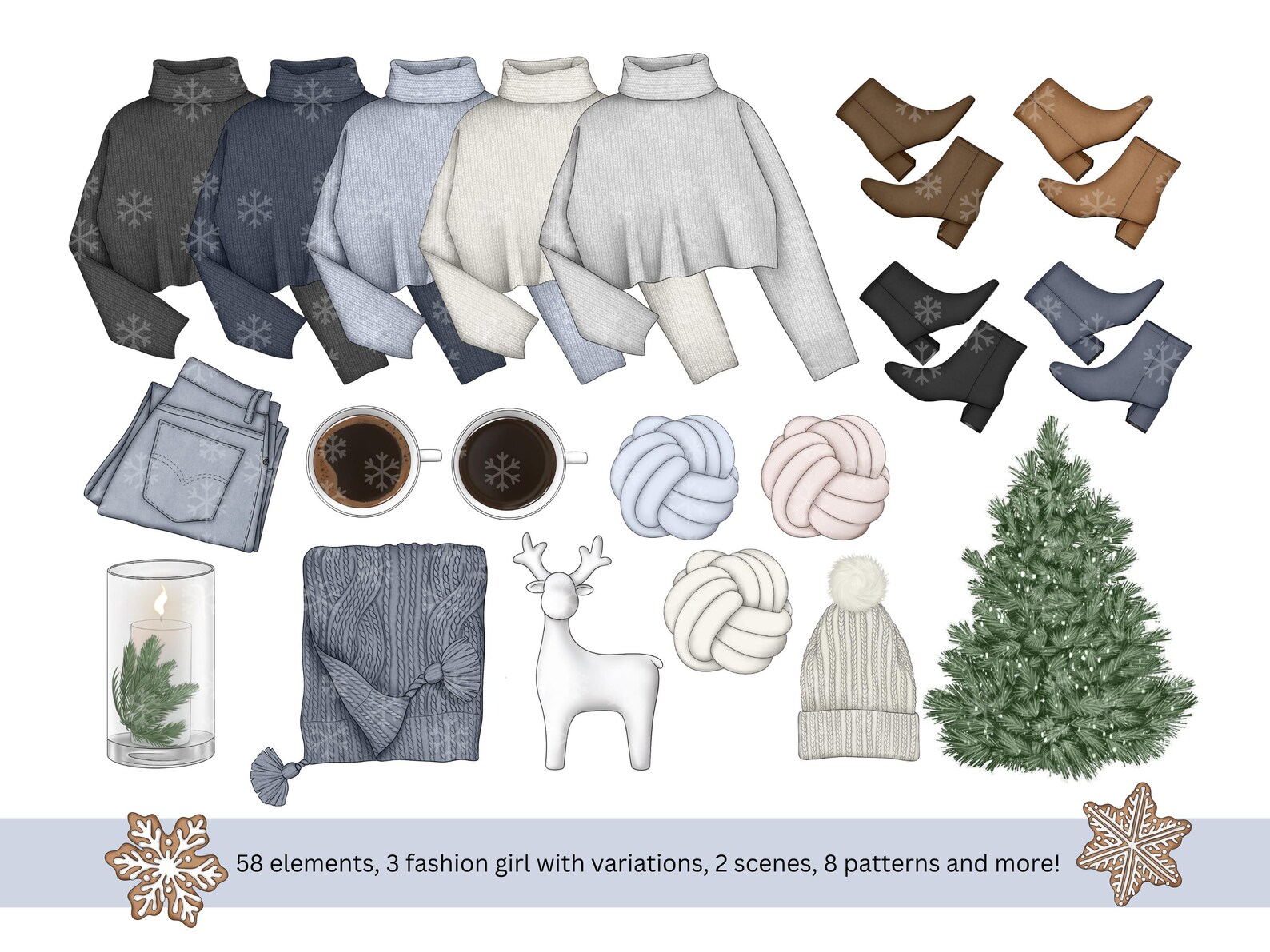 First Snow Clipart Bundle, Winter Clipart Set, Cozy Girl Art, Hand ...