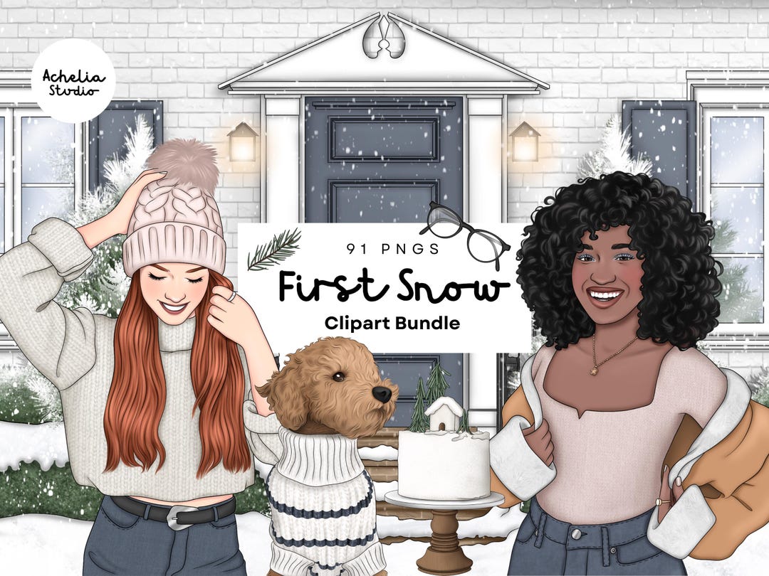 First Snow Clipart Bundle, Winter Clipart Set, Cozy Girl Art, Hand ...