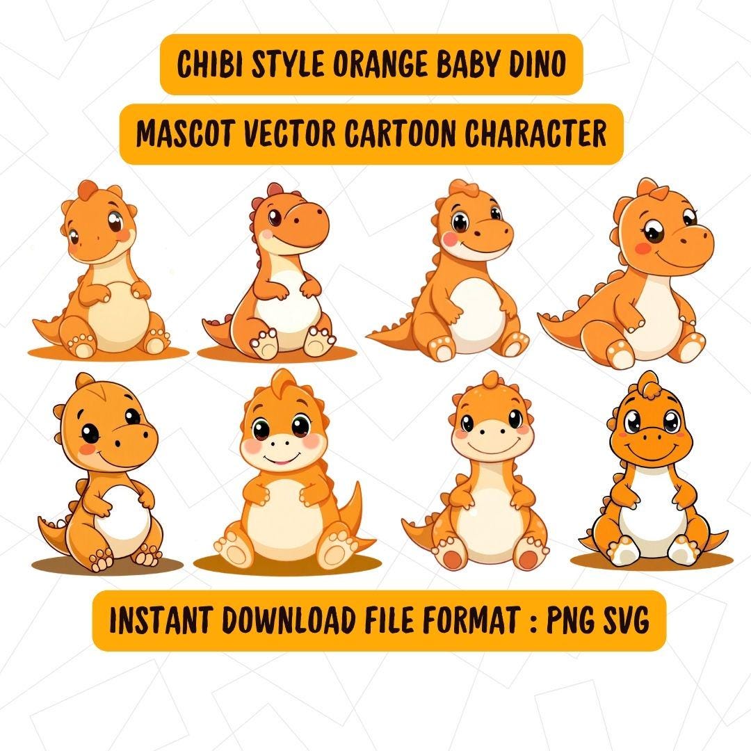 Adorable Chibi Baby Dinosaur Vector Illustrations - Cute Orange Dino ...