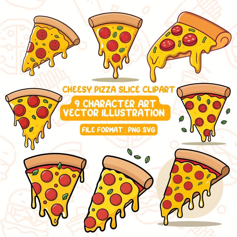 Cheesy Pizza Slice Clipart 8 Fun Vector Illustrations Digital Download ...