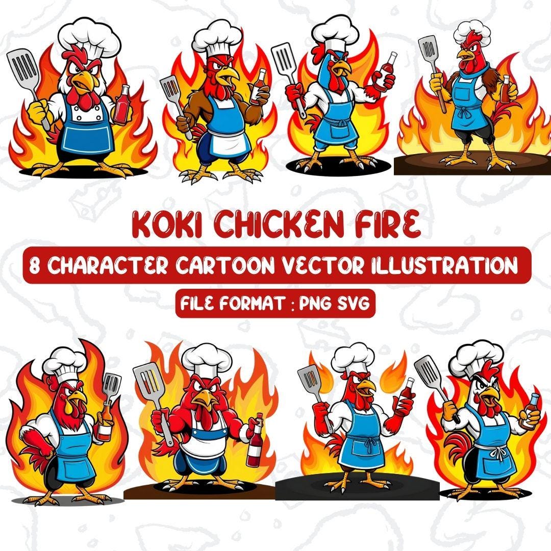 Chef Chicken on Fire Cartoon Vector Set - 8 Unique Character ...
