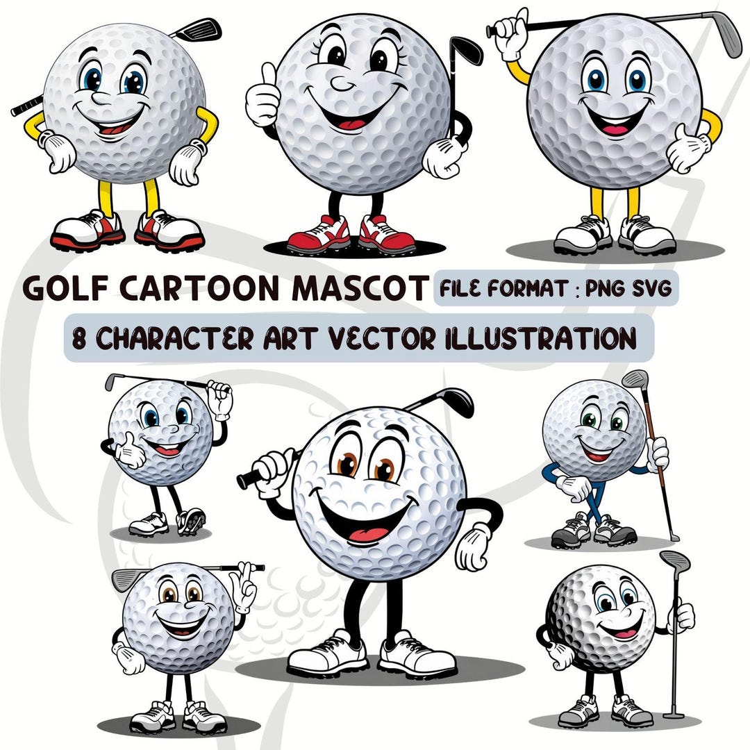 8-piece Golf Mascot Cartoon Vector Illustration Set - 300 DPI High ...