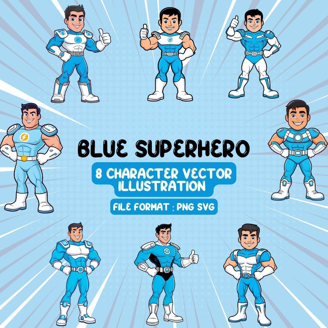 Blue Superhero Vector Illustrations - 8 Character Set | Digital ...
