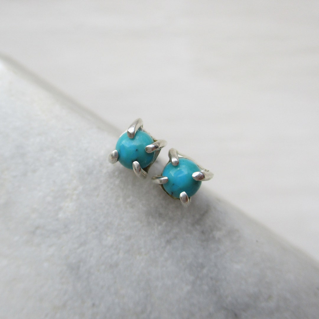 Small Round Turquoise Stud Earrings Sterling Silver, Dainty Everyday ...