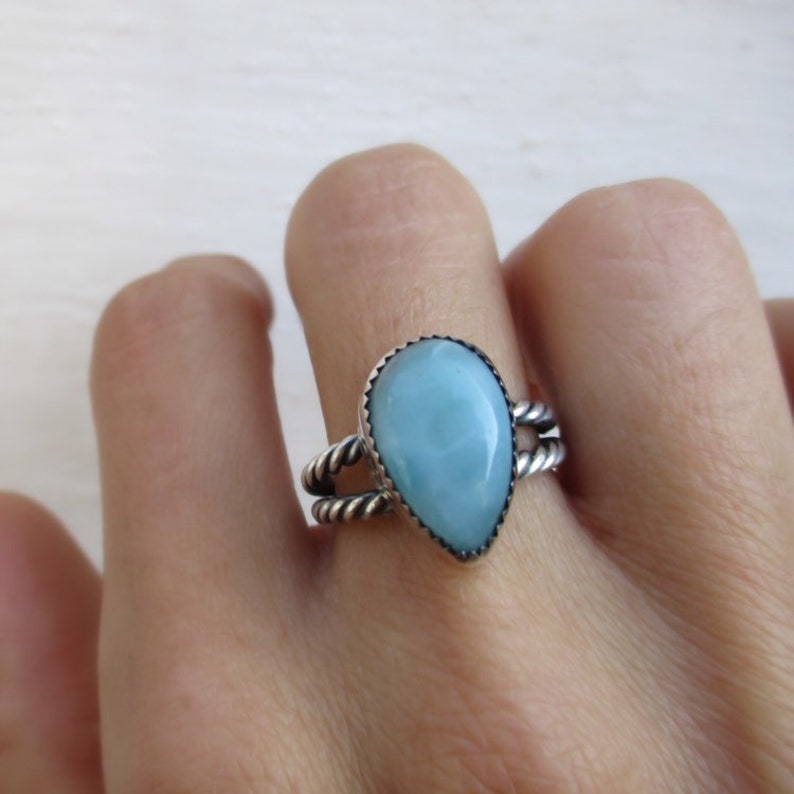 Larimar sterling silver ring/ teardrop light blue gemstone | Etsy