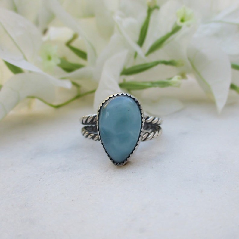 Larimar sterling silver ring/ teardrop light blue gemstone | Etsy