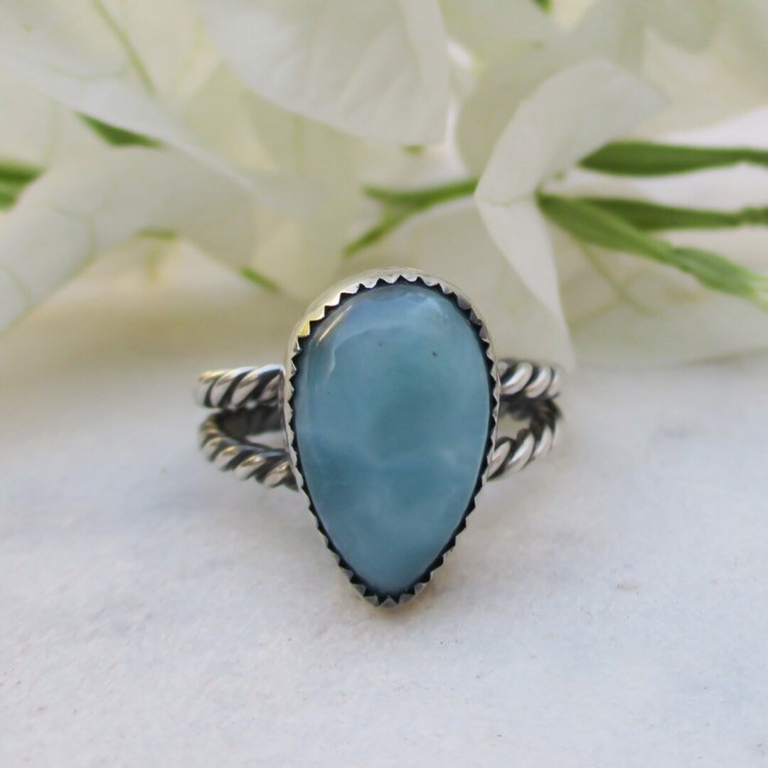 Larimar Sterling Silver Ring, Teardrop Light Blue Gemstone Band ...