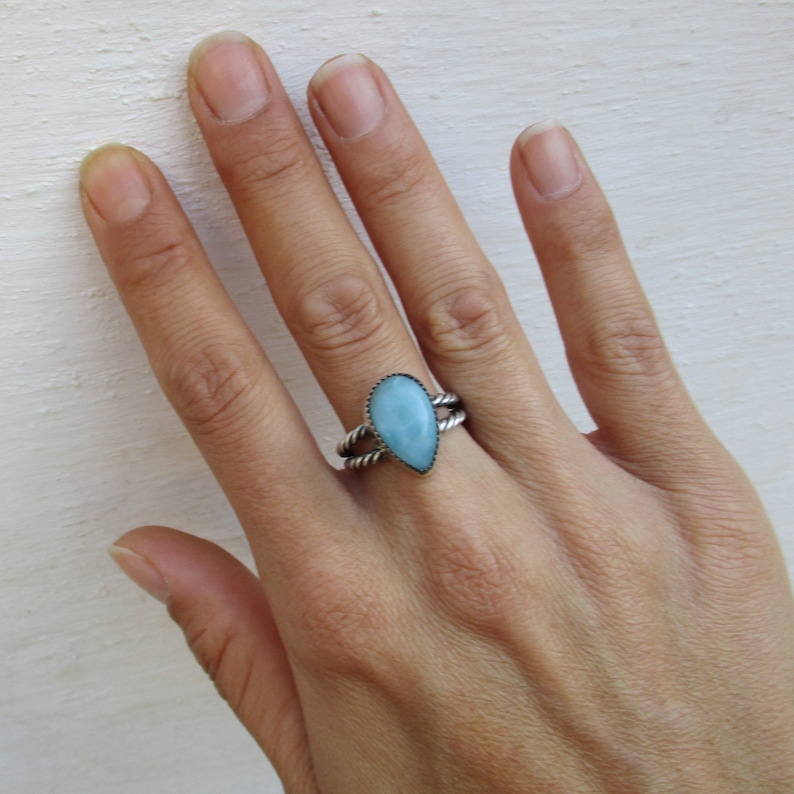 Larimar sterling silver ring/ teardrop light blue gemstone | Etsy