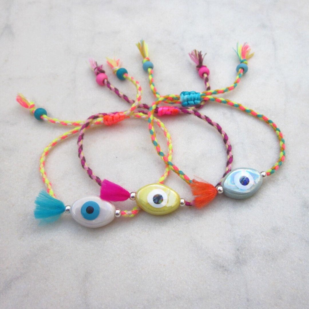 Evil Eye Bracelet, Hippie Cord Friendship Bracelet, Colorful Ceramic ...