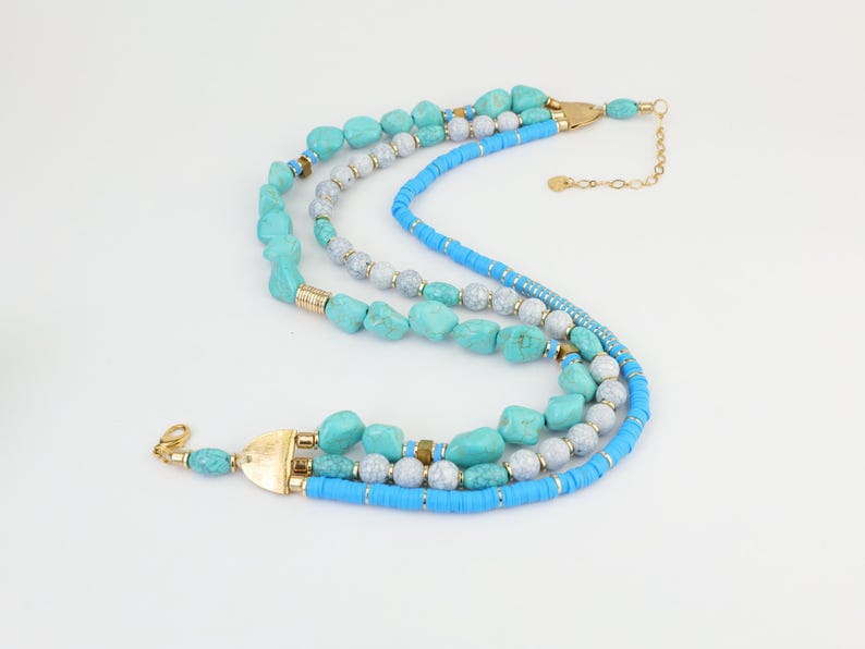 Nakamol Blue Layered Beaded Necklace, Turquoise Stones, White Accents ...
