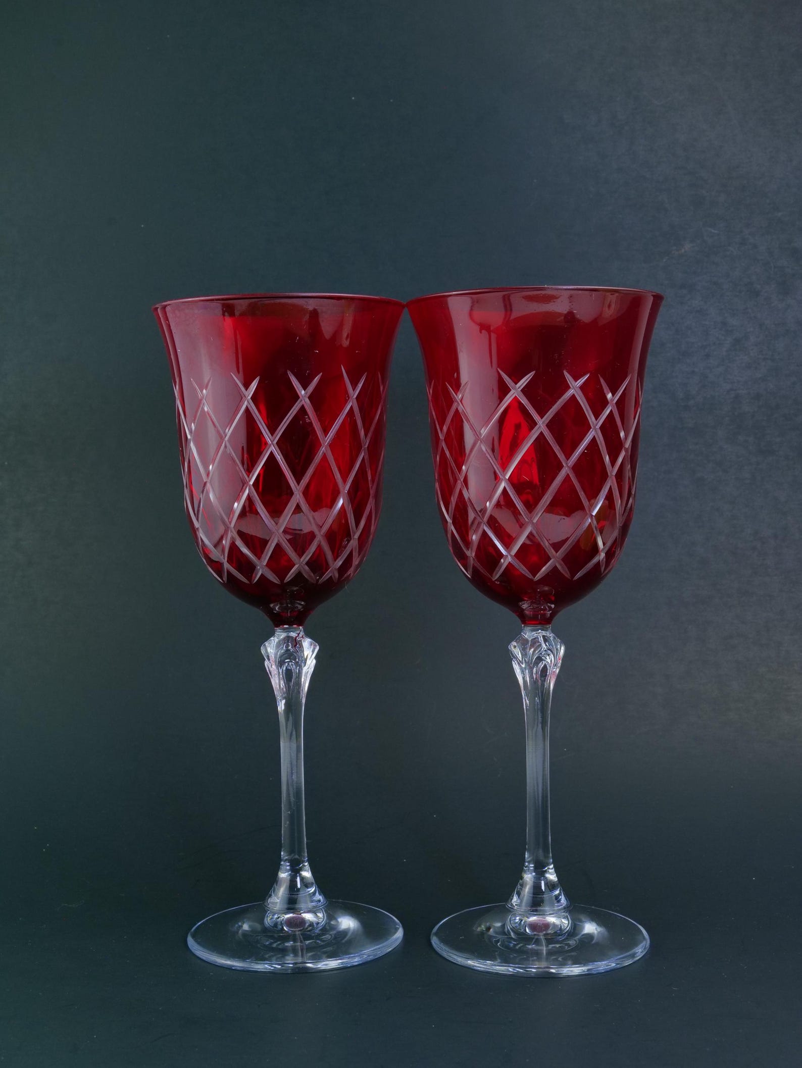 Vintage Ruby Red Cut Crystal Wine Glasses – Diamond Pattern, Set of 2 ...