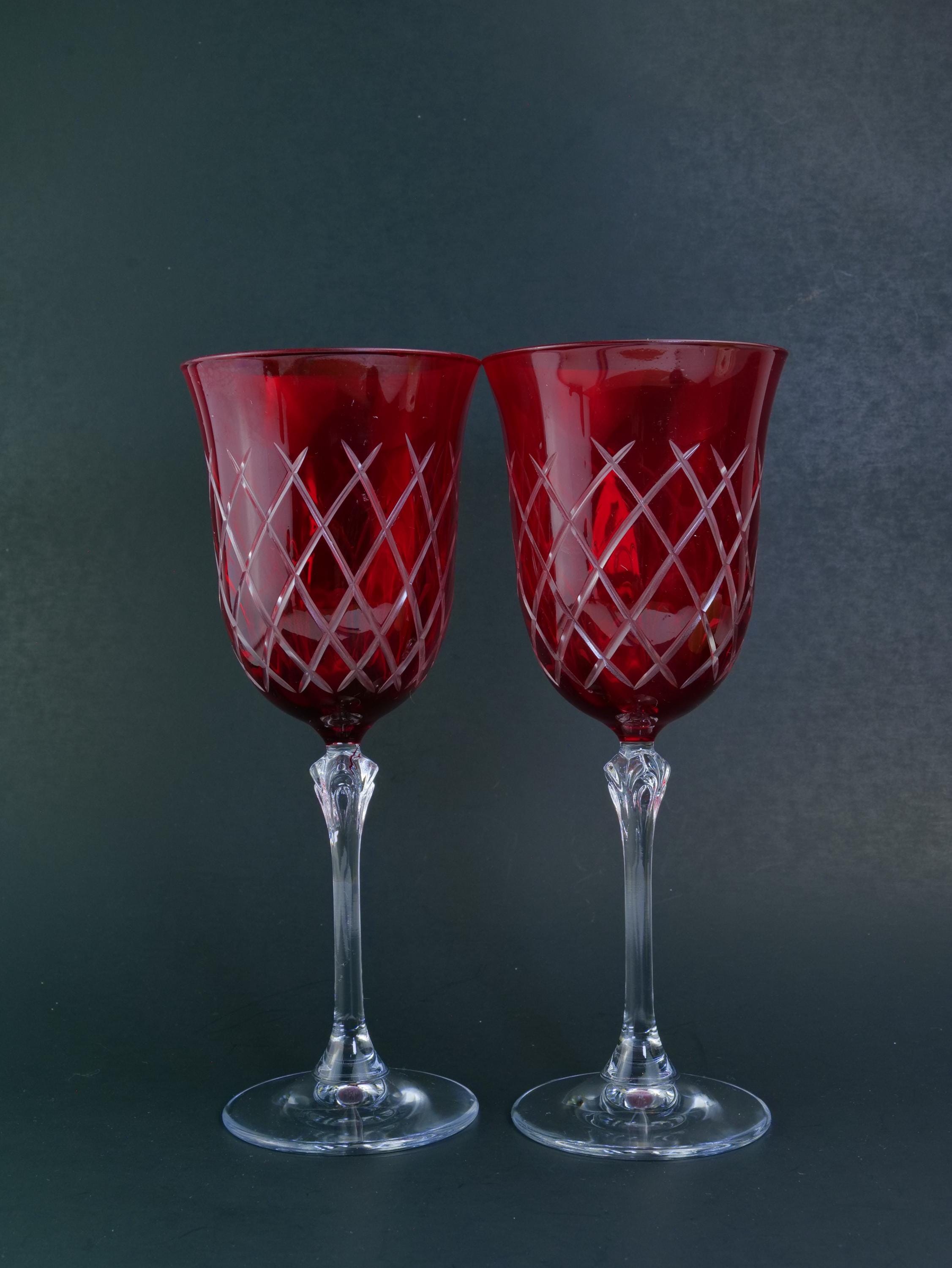 Vintage Ruby Red Cut Crystal Wine Glasses – Diamond Pattern, Set of 2 ...