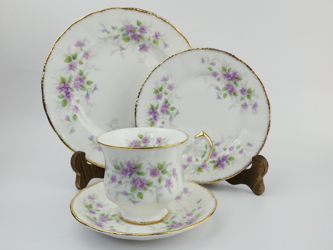 Vintage Paragon Malandi Violets Trio Set, Tea Cup, Saucer, Dessert ...
