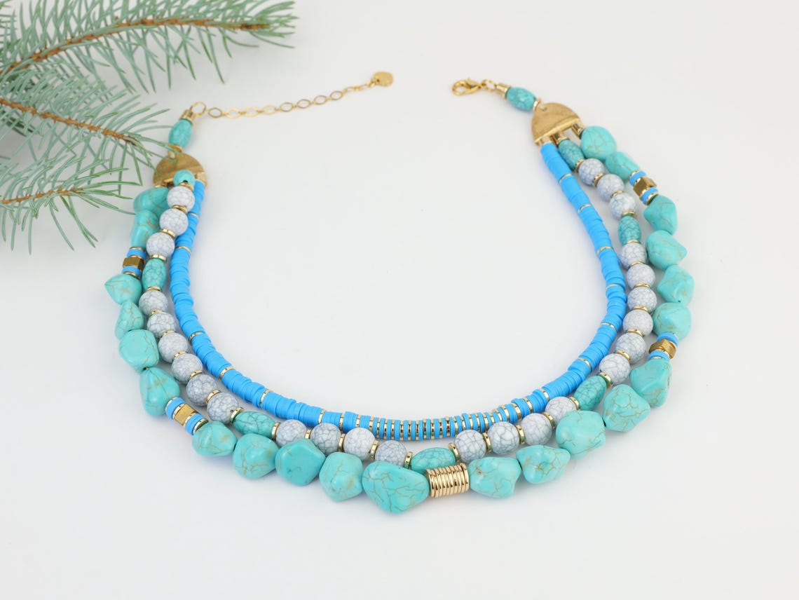 Nakamol Blue Layered Beaded Necklace, Turquoise Stones, White Accents ...