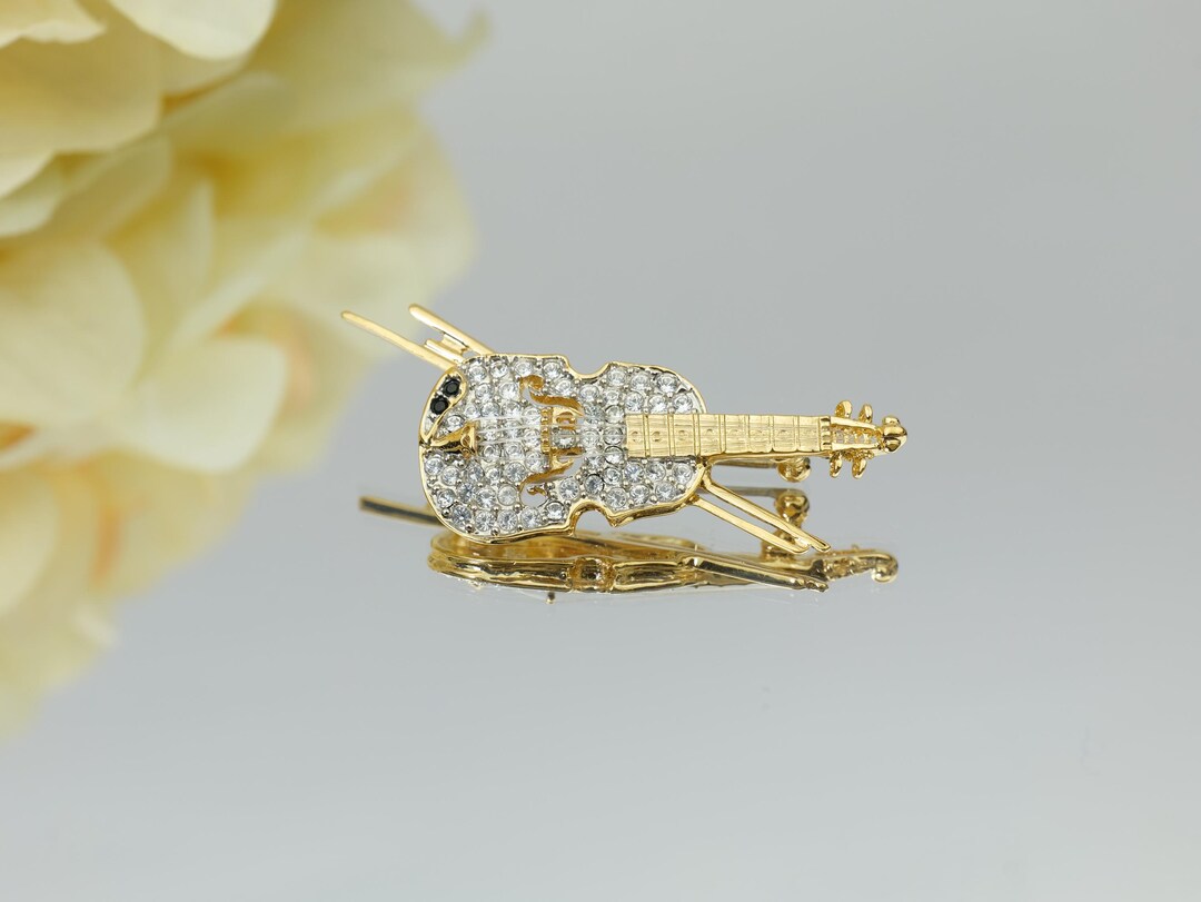 Vintage Butler Violin Brooch - Gold Tone With Sparkling Rhinestones ...