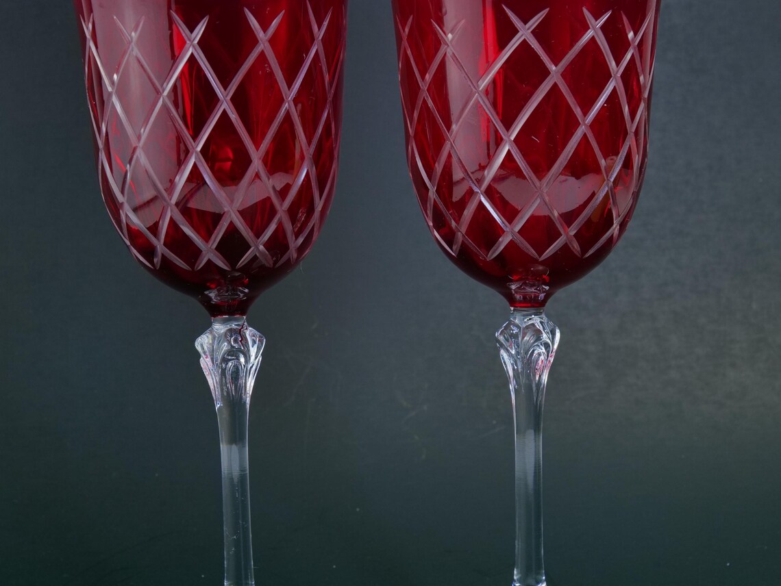 Vintage Ruby Red Cut Crystal Wine Glasses – Diamond Pattern, Set of 2 ...