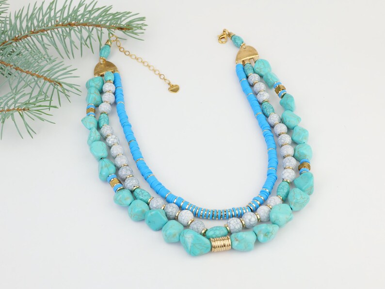 Nakamol Blue Layered Beaded Necklace, Turquoise Stones, White Accents ...