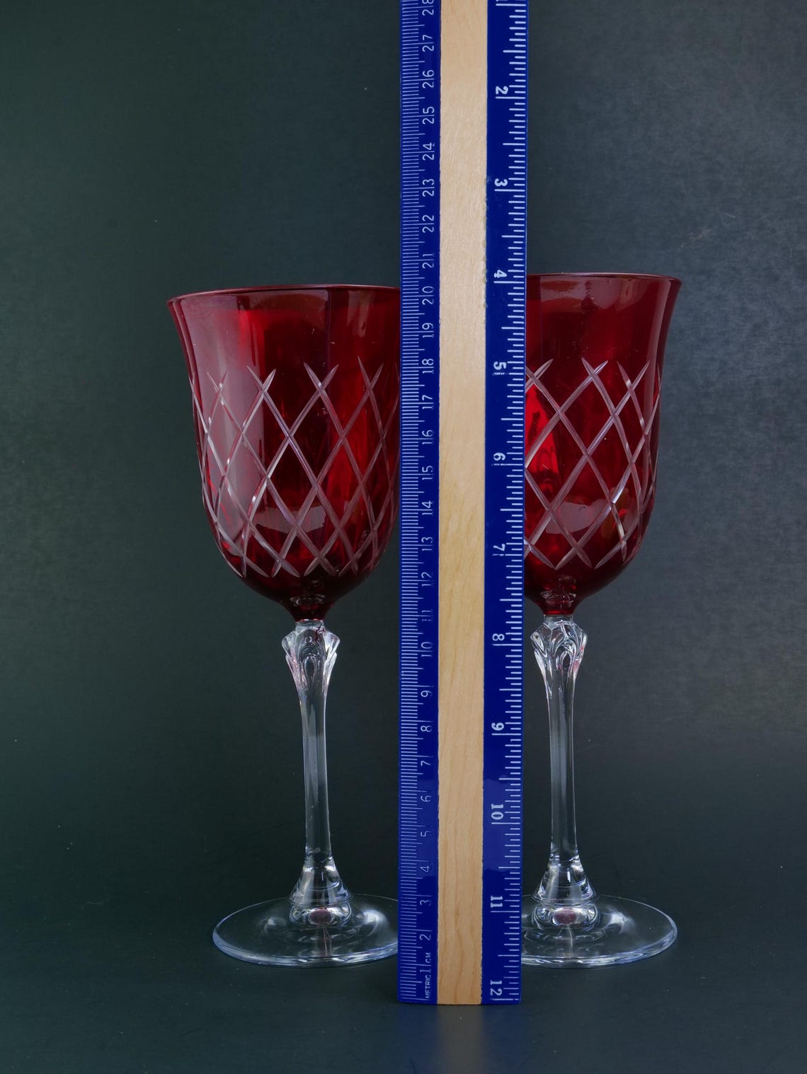 Vintage Ruby Red Cut Crystal Wine Glasses – Diamond Pattern, Set of 2 ...
