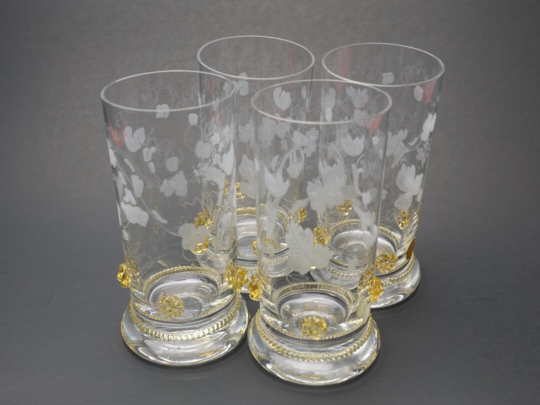 Vintage Theresienthal Etched Floral Glass Tumblers With Gold Amber ...