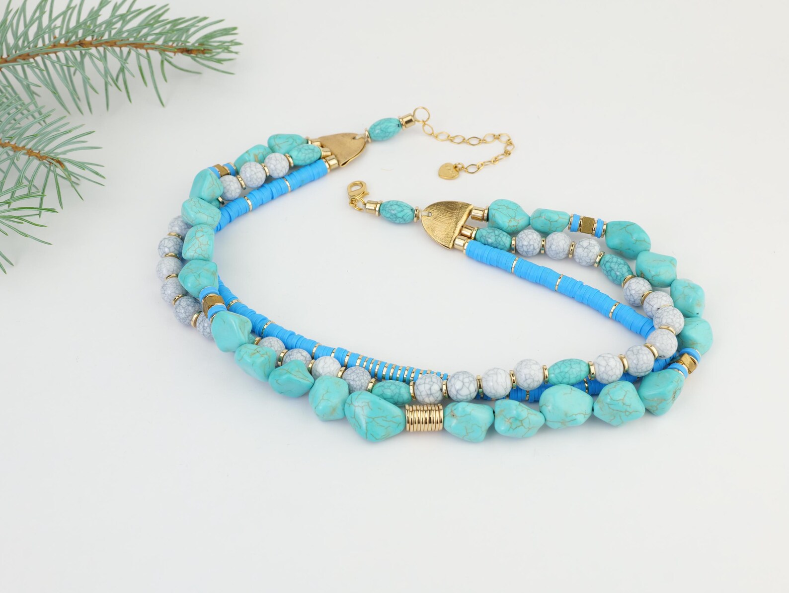 Nakamol Blue Layered Beaded Necklace, Turquoise Stones, White Accents ...
