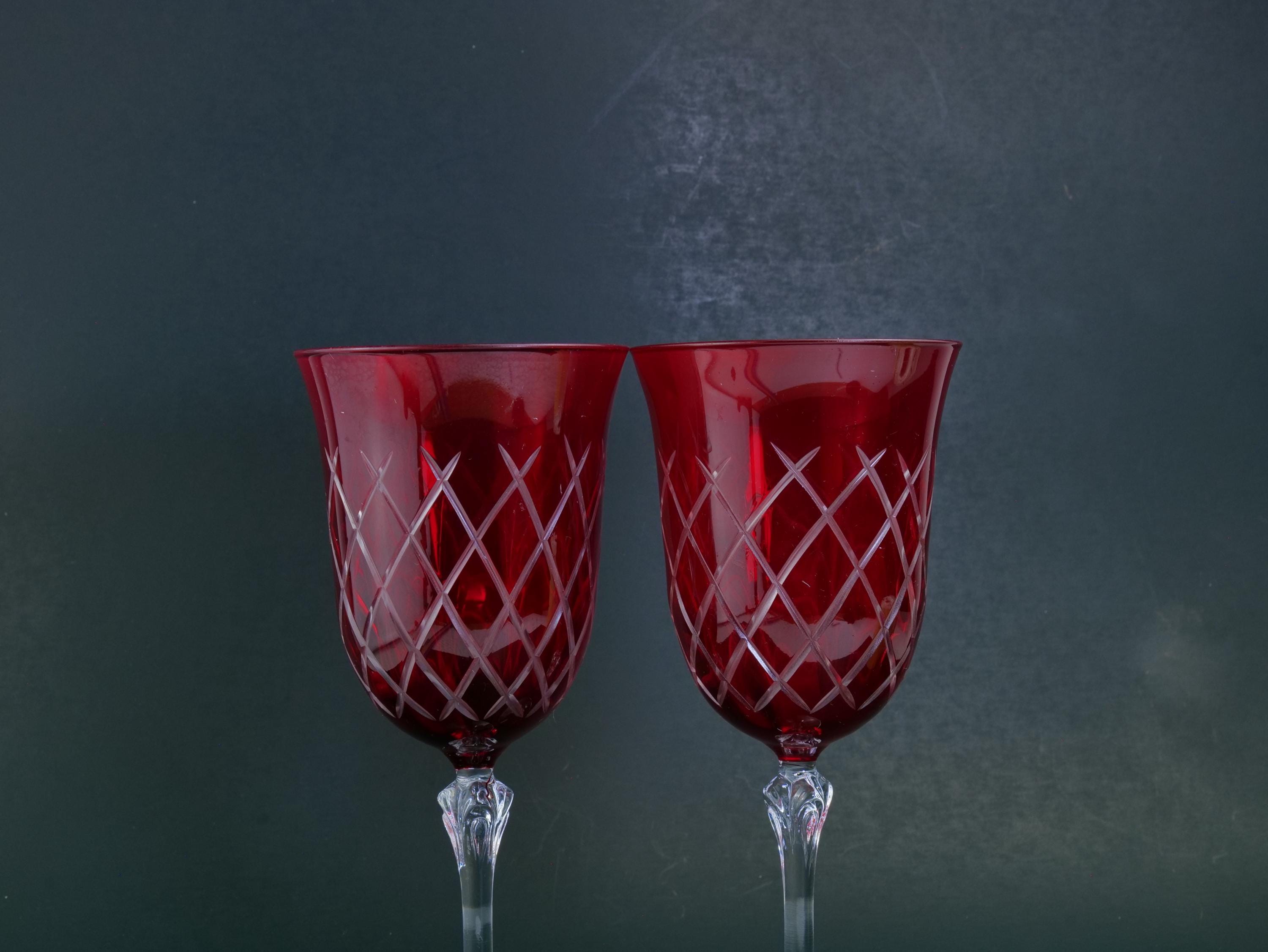 Vintage Ruby Red Cut Crystal Wine Glasses – Diamond Pattern, Set of 2 ...
