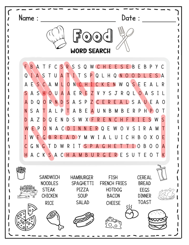 Food Word Search Food Word Search Worksheet Activity - Etsy