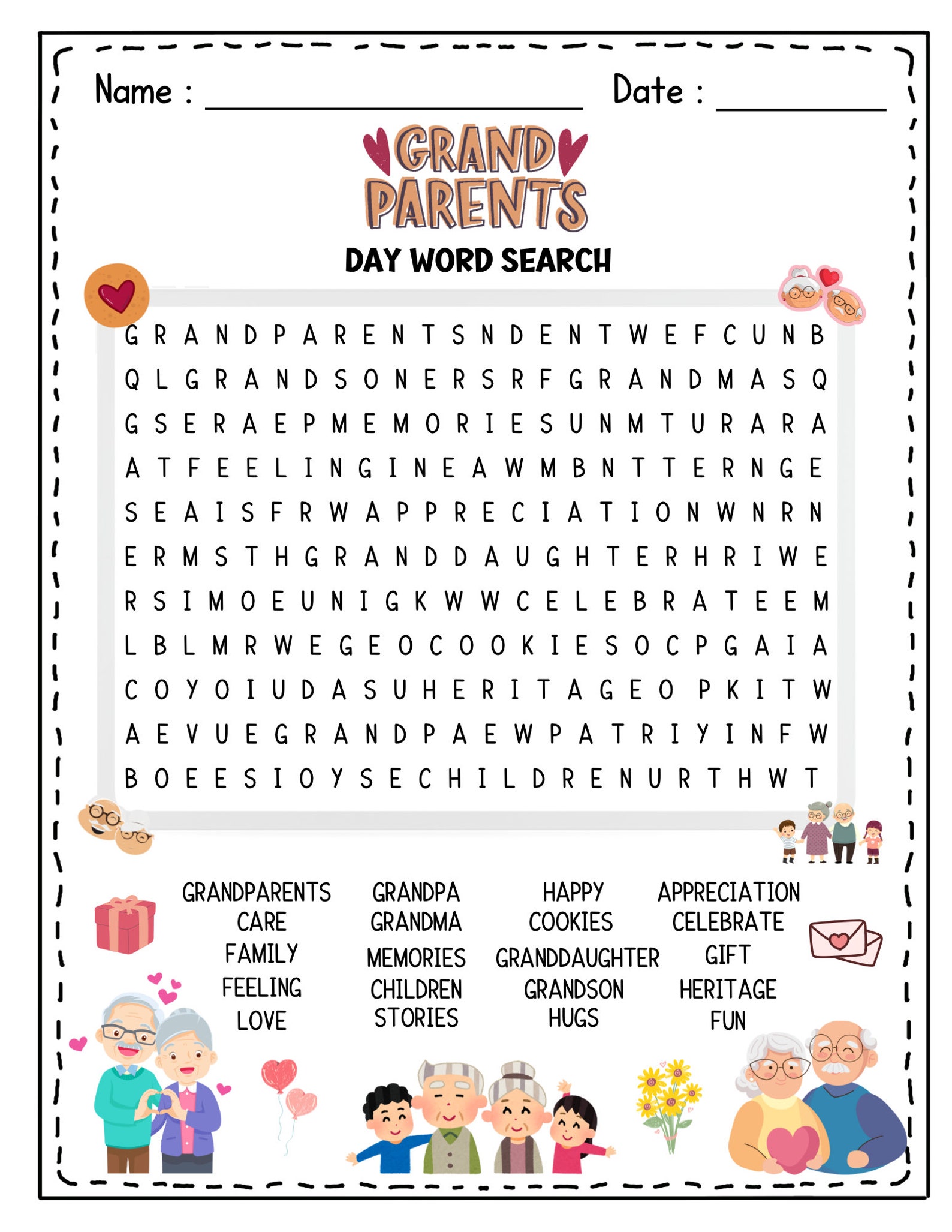 Grandparents Day Word Search End of the Year Word Search Worksheet ...