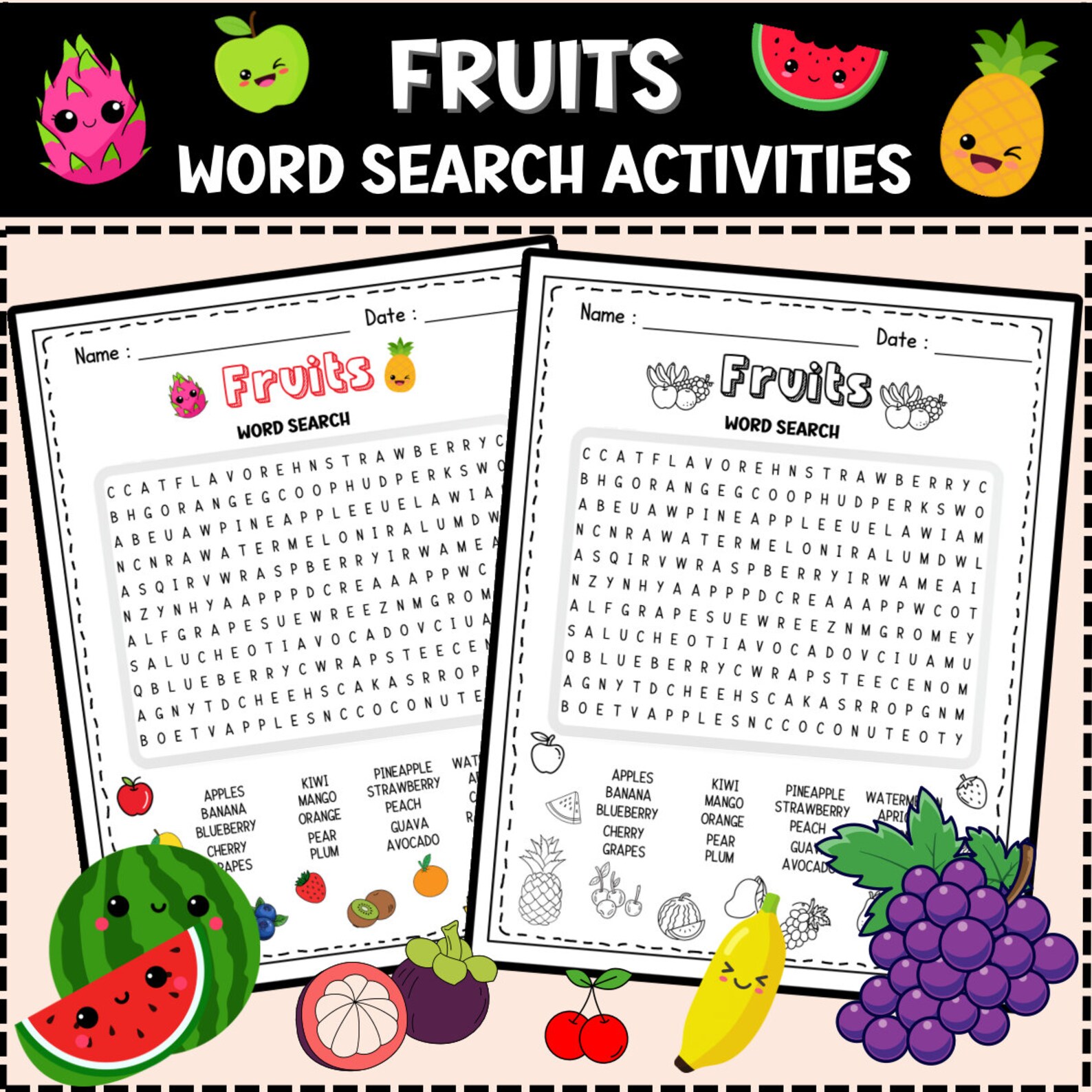 Fruits Word Search Puzzle Worksheet Activity - Etsy
