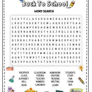 Back to School Word Search First Day of School Word Search Worksheet ...