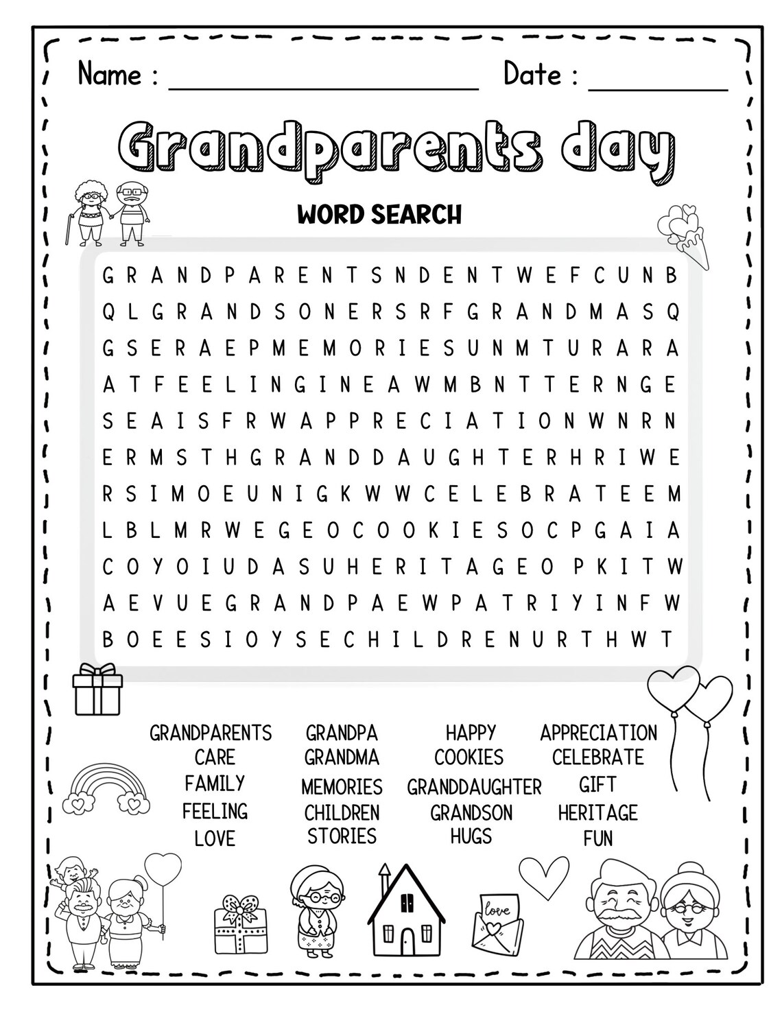 Grandparents Day Word Search End of the Year Word Search Worksheet ...