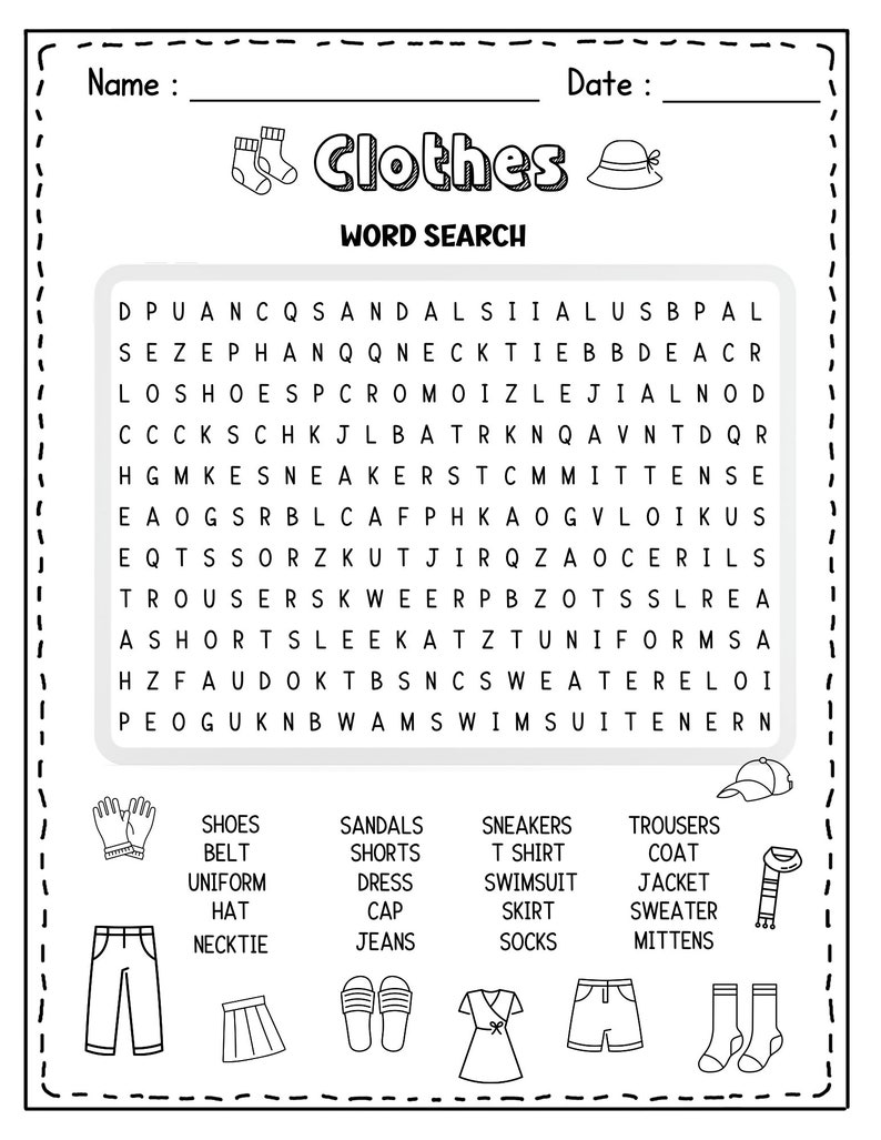 Clothes Word Search | Clothes Word Search Worksheet Activity - Etsy