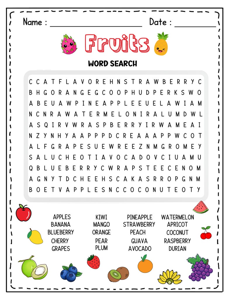 Fruits Word Search Puzzle Worksheet Activity - Etsy