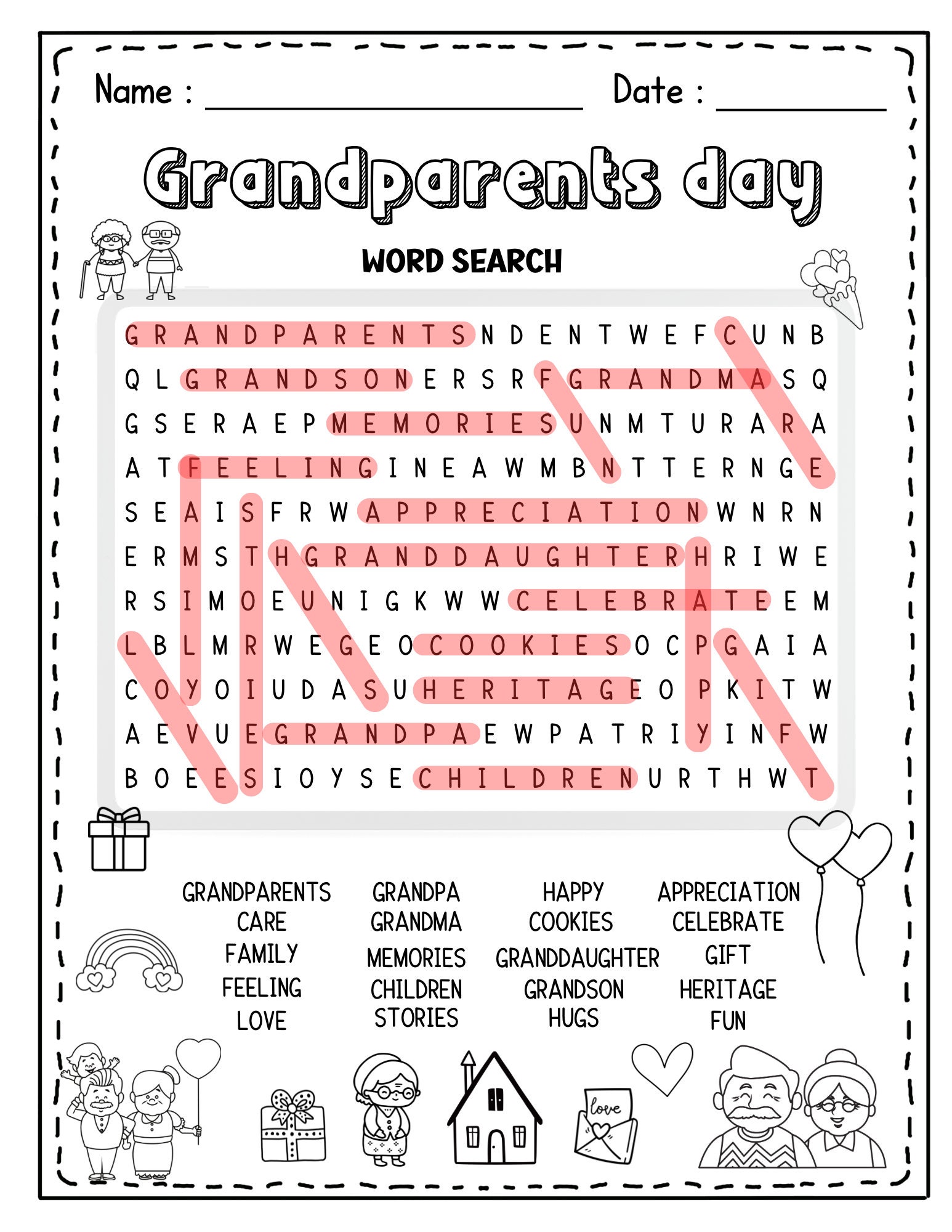 Grandparents Day Word Search End of the Year Word Search Worksheet ...