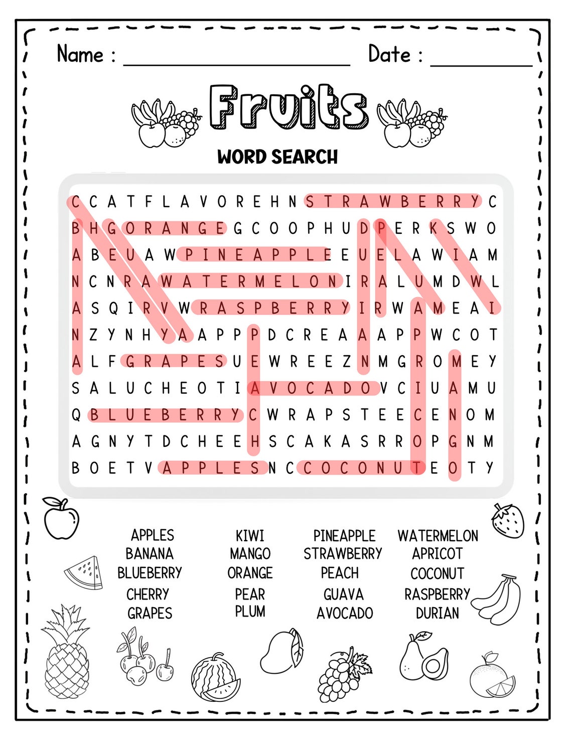 Fruits Word Search Puzzle Worksheet Activity - Etsy