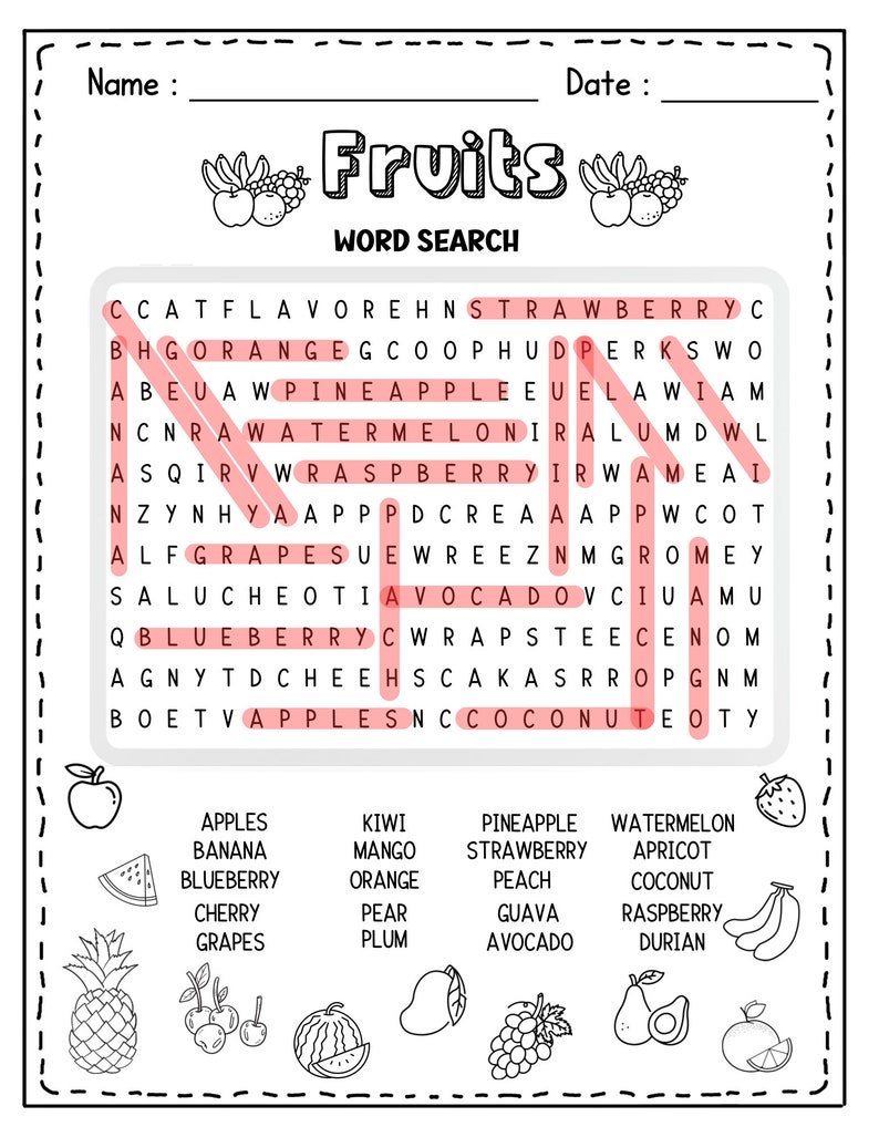 Fruits Word Search Puzzle Worksheet Activity - Etsy