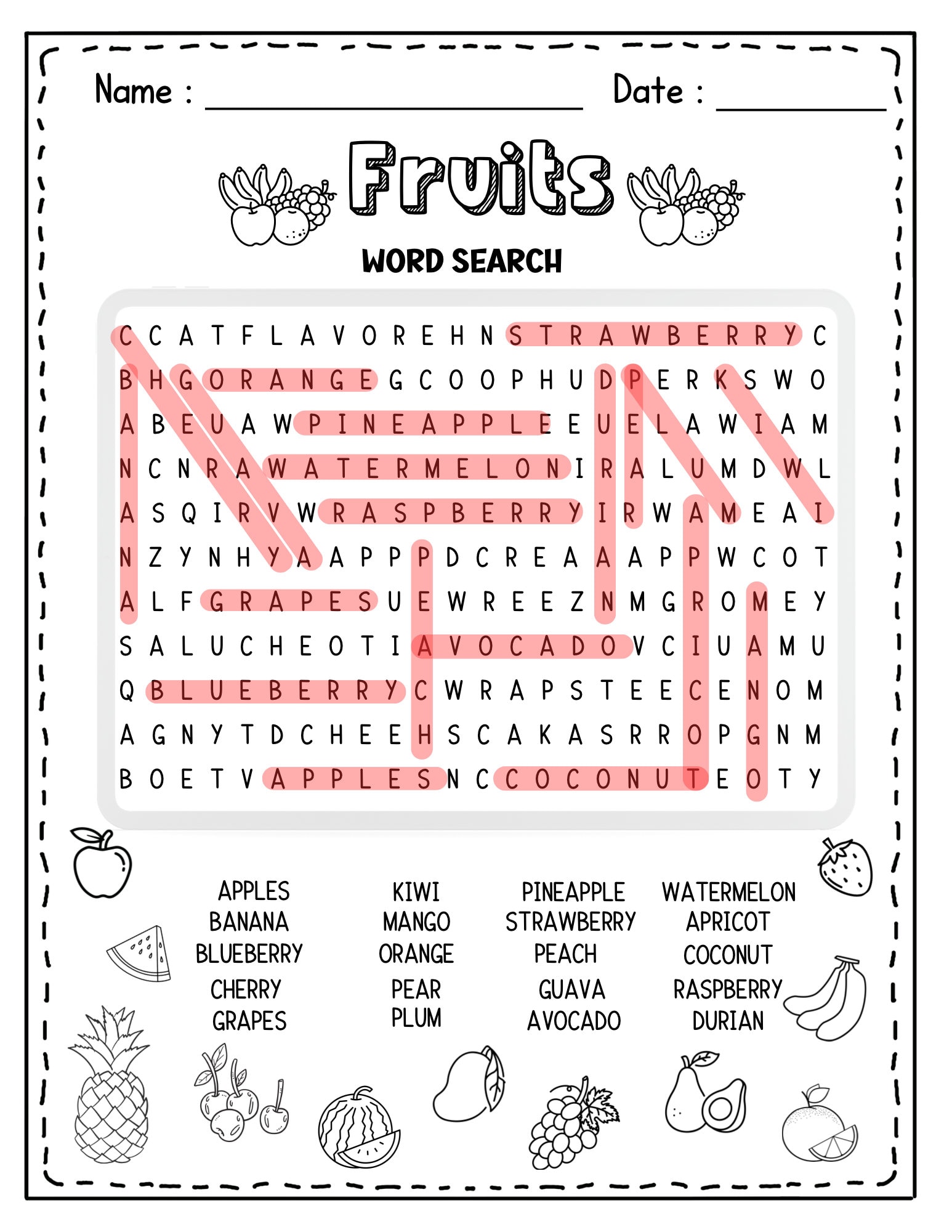 Fruits Word Search Puzzle Worksheet Activity - Etsy