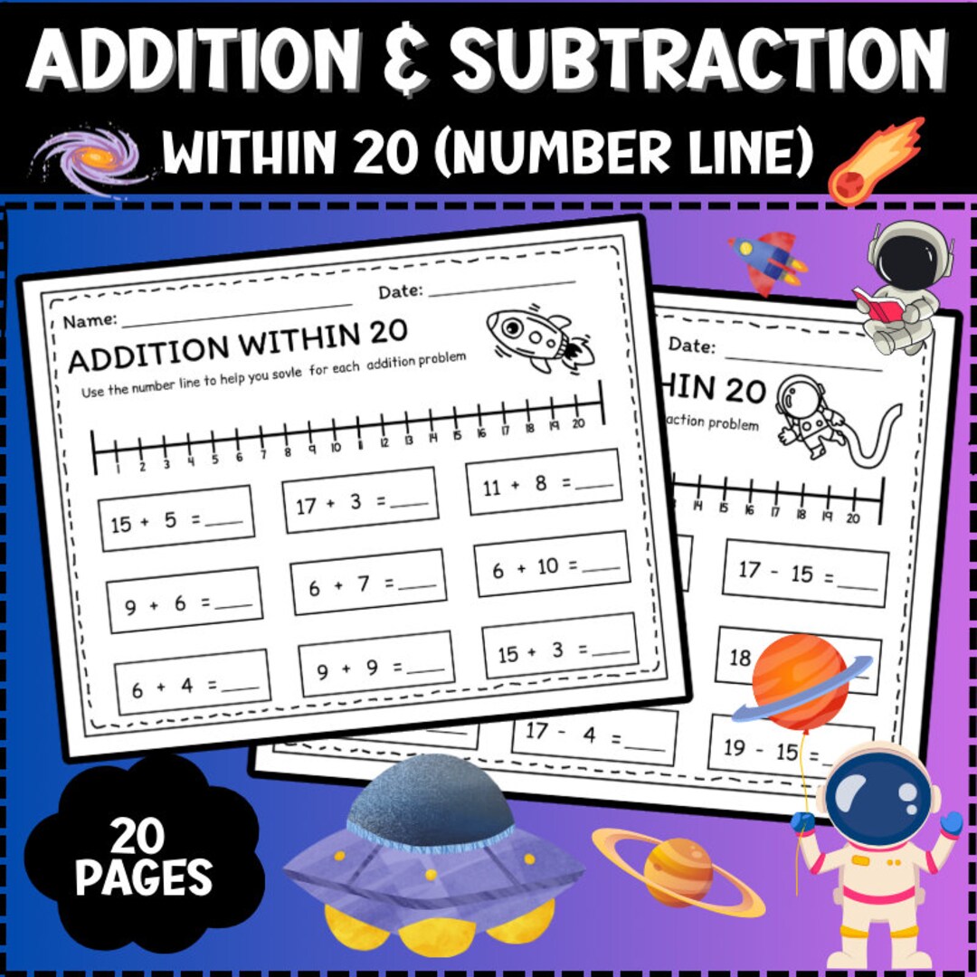 Space Addition and Subtraction Within 20 Number Line Worksheets - Etsy