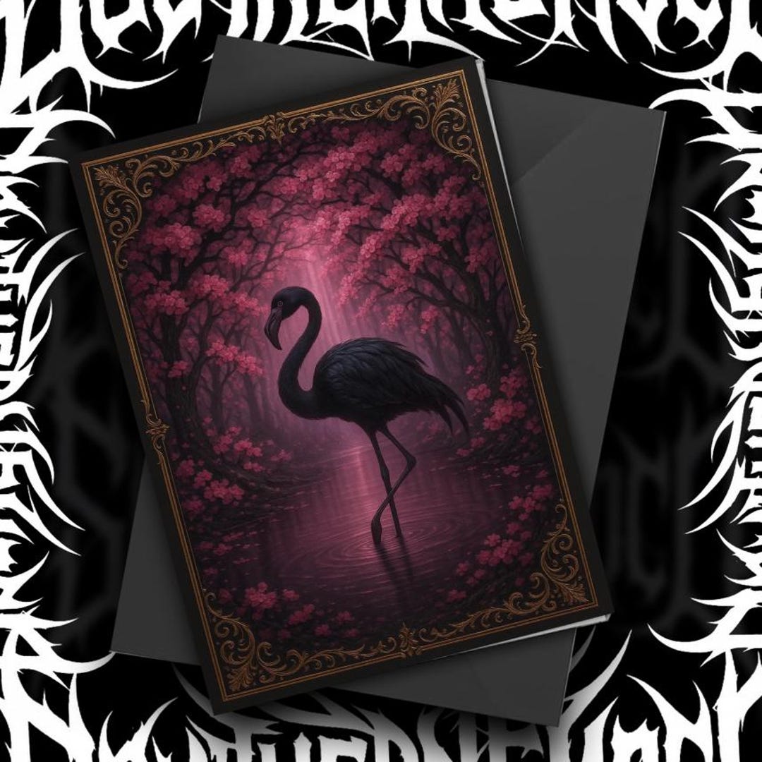 Gothic Black Flamingo Card Dark Forest Art Pink Cherry Blossom ...