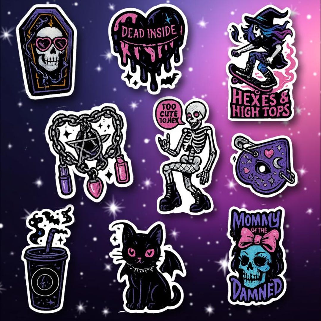 Goth Spooky Cute Sticker Pack Witch Skeleton Black Cat Coffin Donut ...