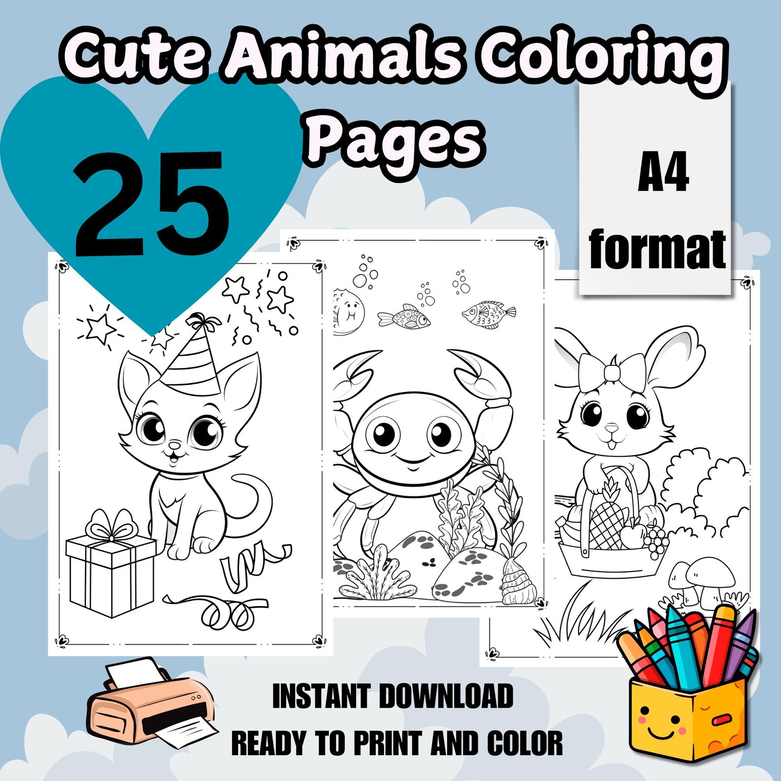 Cute Animal Coloring Pages Animals Coloring Book Colouring Book Digital ...