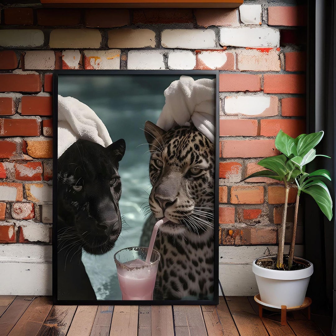 Cheetah and Jaguar Drinking Cocktail Print - Wall Art - Vintage ...