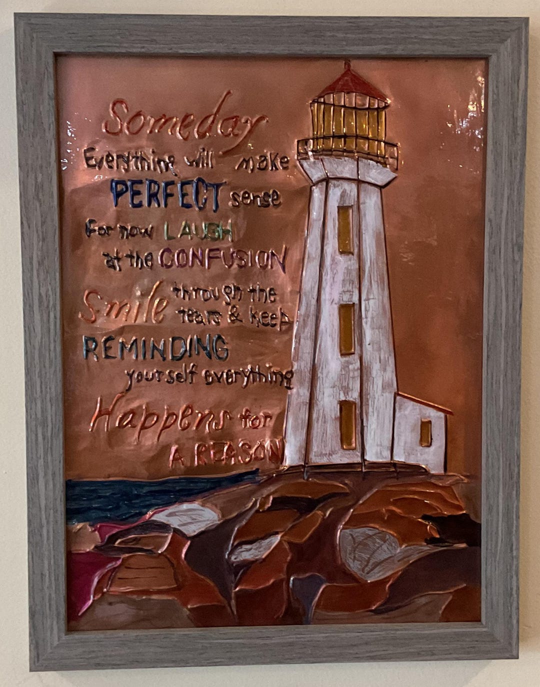 Hand Embossed Copper Art of a Lighthouse and Inspirational Quote. 9x12 ...